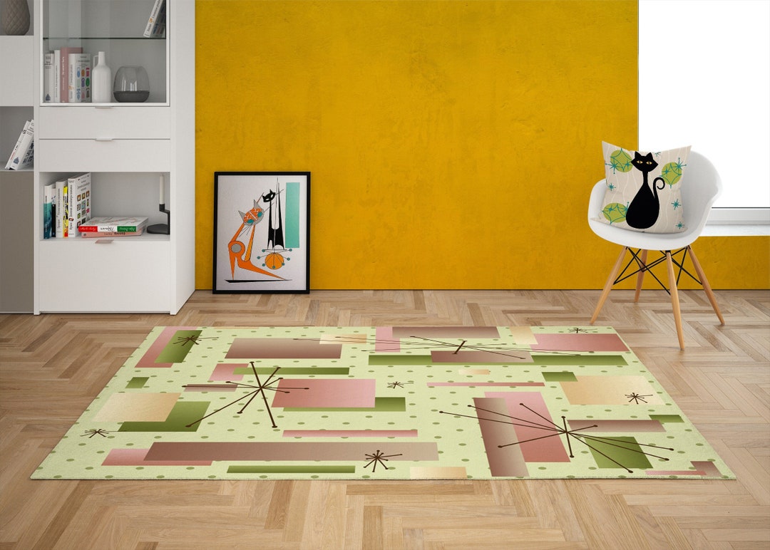 1950s Retro Vintage Mid Century Modern Area Rug, Geometric Starbursts ...