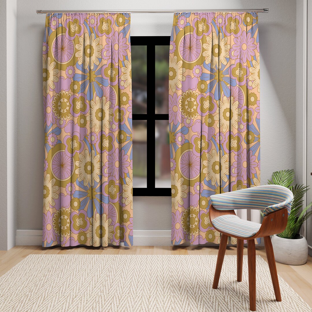 70s Hippie Groovy Flower Power Window Curtains, Mid Century Modern ...