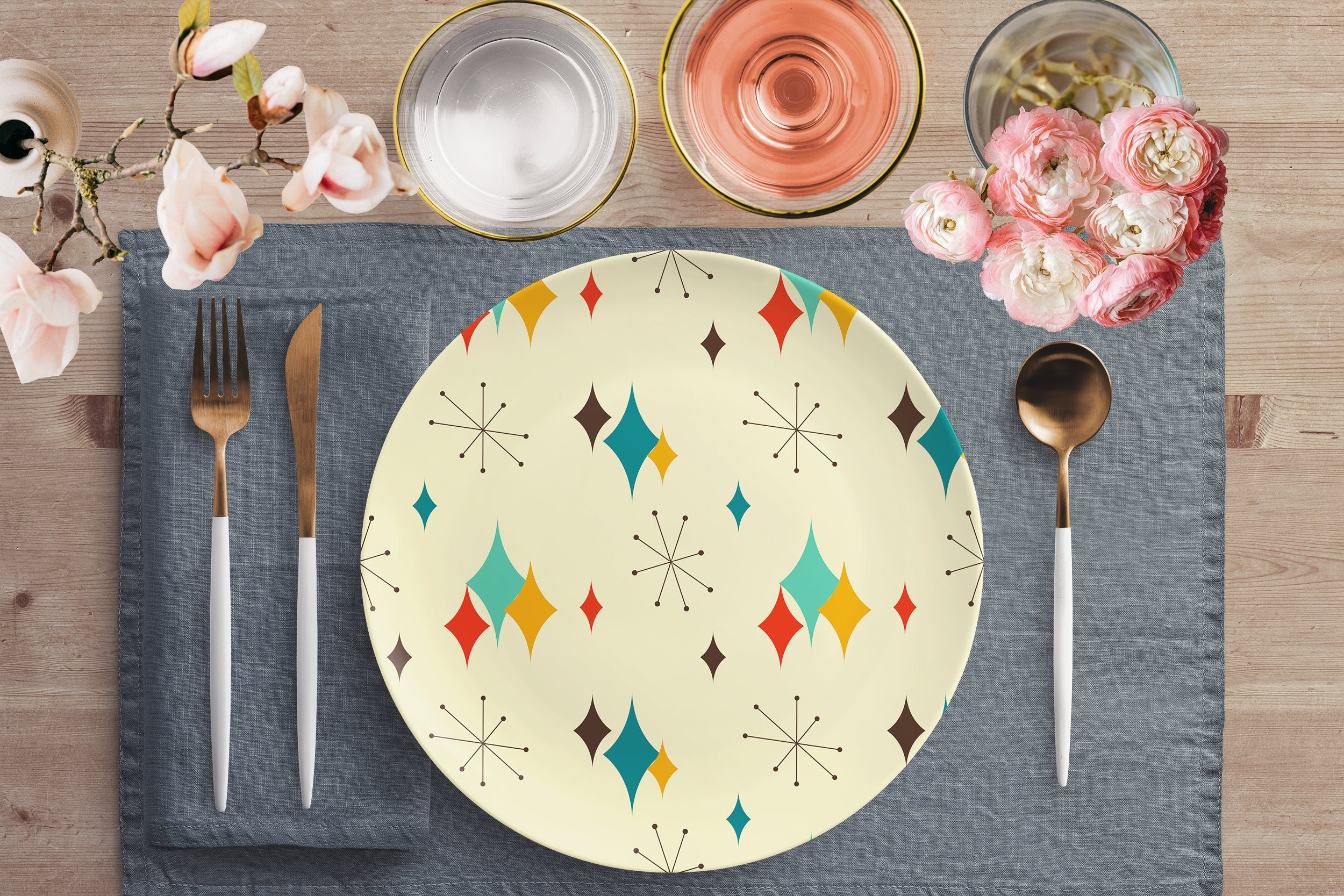 Mid Century Modern Atomic Diamond Starburst Dinner Plate, Retro Beige ...