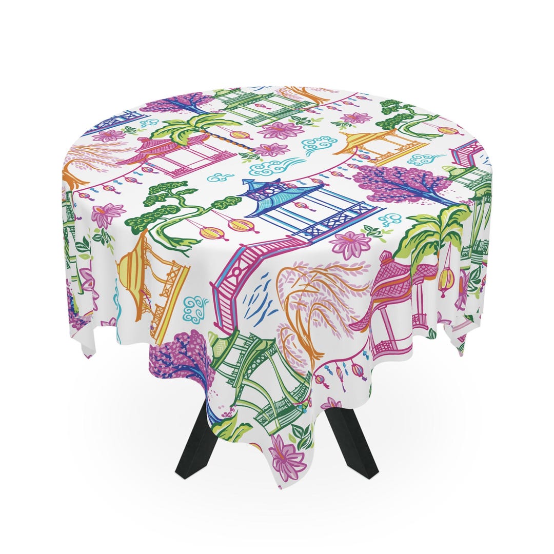 Chinoiserie Pagoda Lantern Tablecloth, Colorful Asian Garden Dining ...