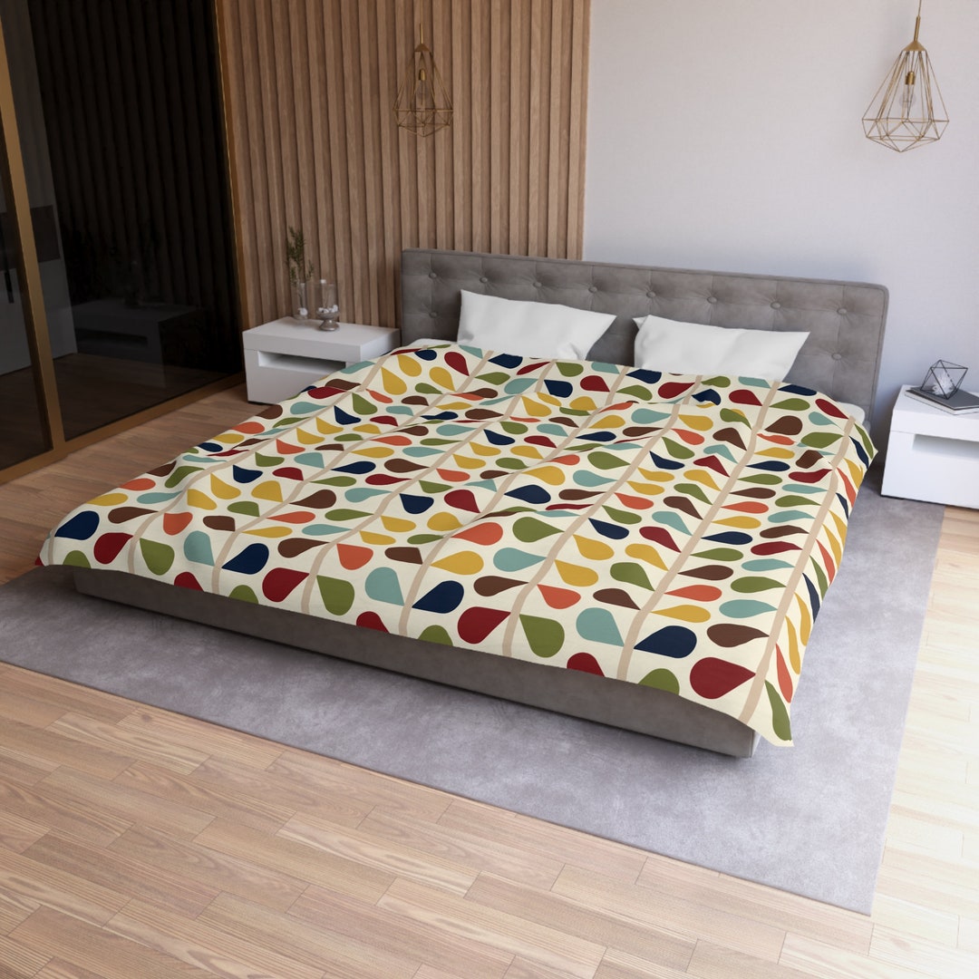 Mid Century Modern Retro Duvet Cover, 60s Floral Teal, Mustard, Green ...