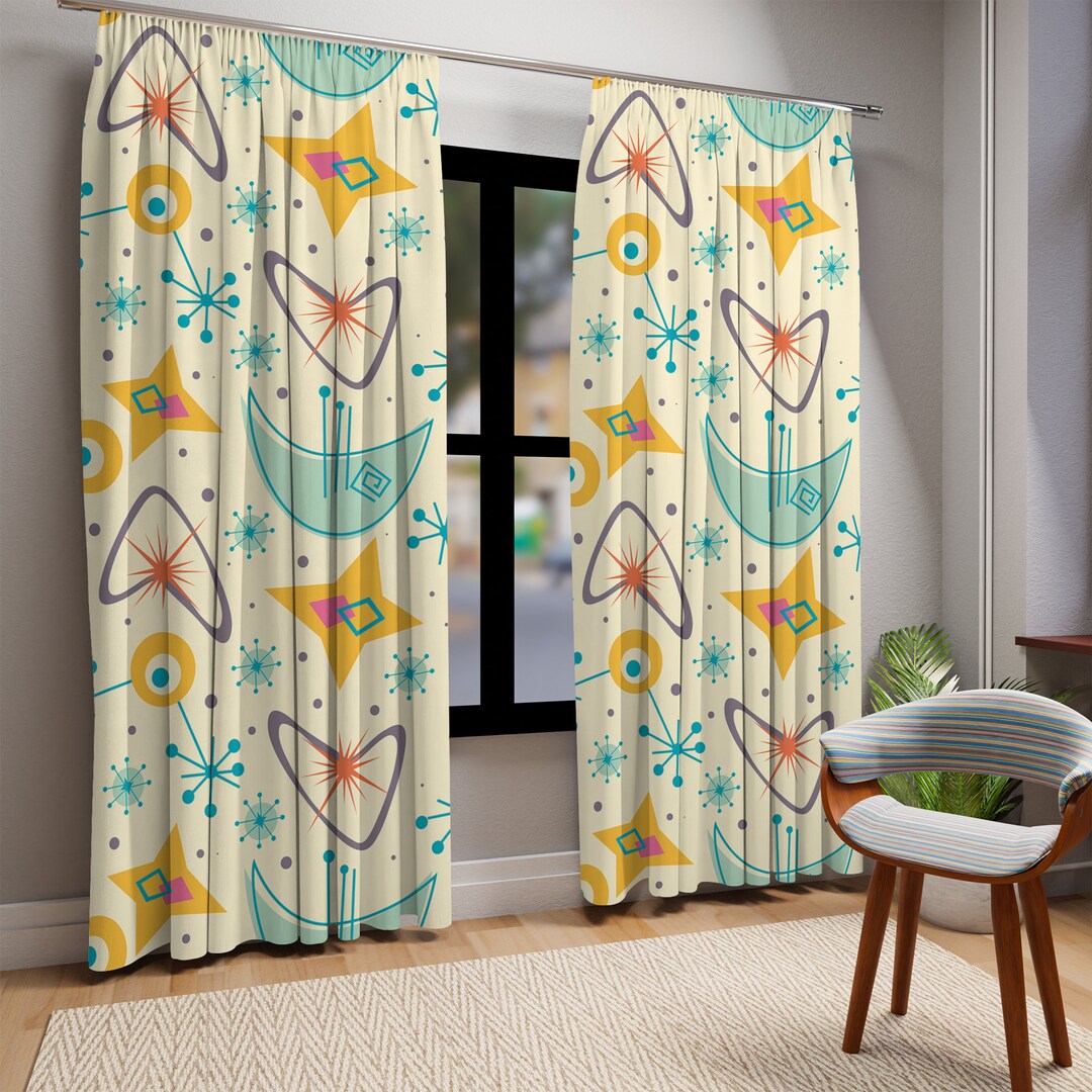 Mid Century Modern Retro 1950s Atomic Boomerang Window Curtains, Cream ...