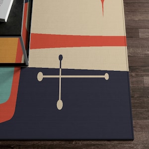 Mid Century Modern Atomic Starburst Area Rug, Beige, Teal, Geometric ...