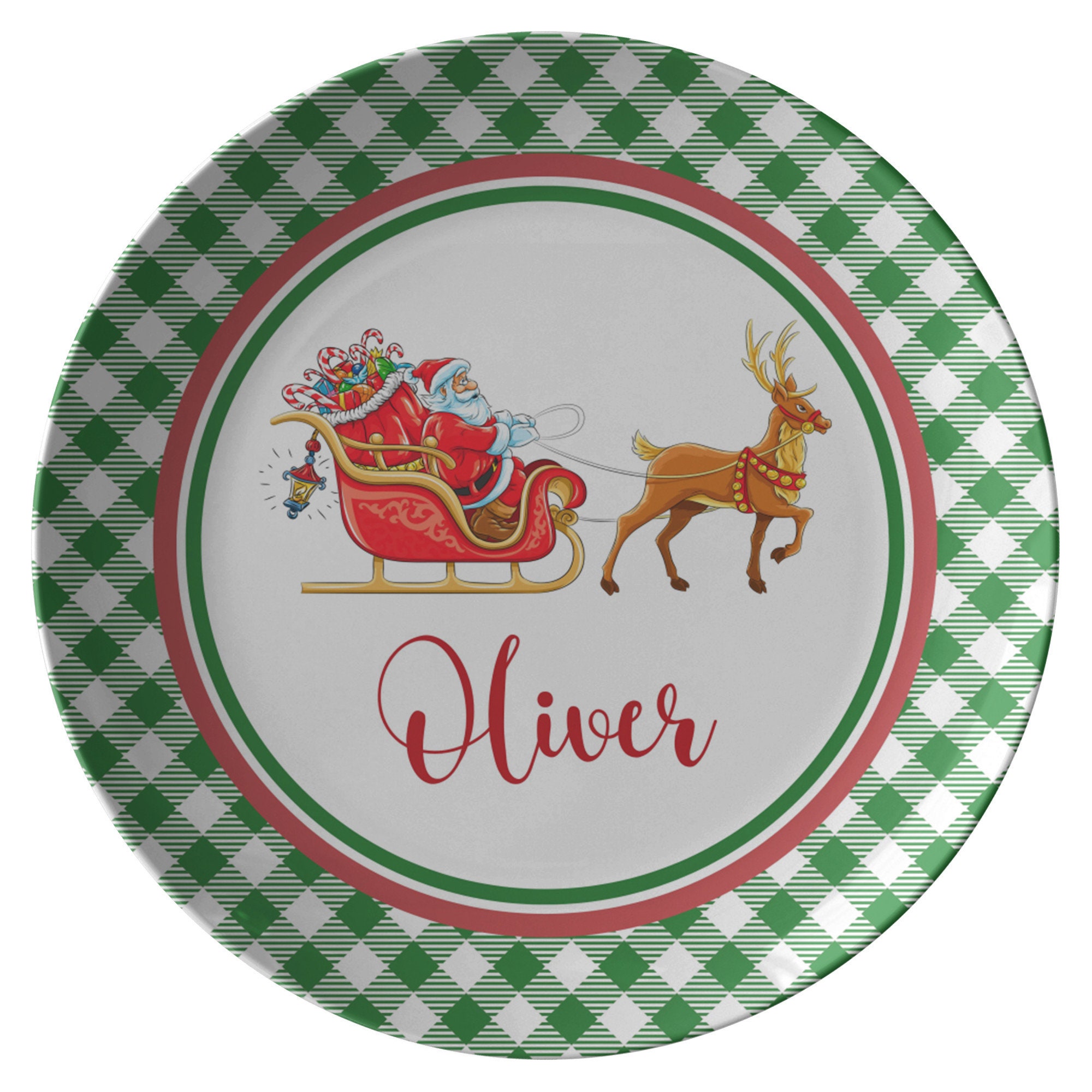 Personalized Santa Sleigh & Rudolph Red Gingham Plate, Kids Holiday ...