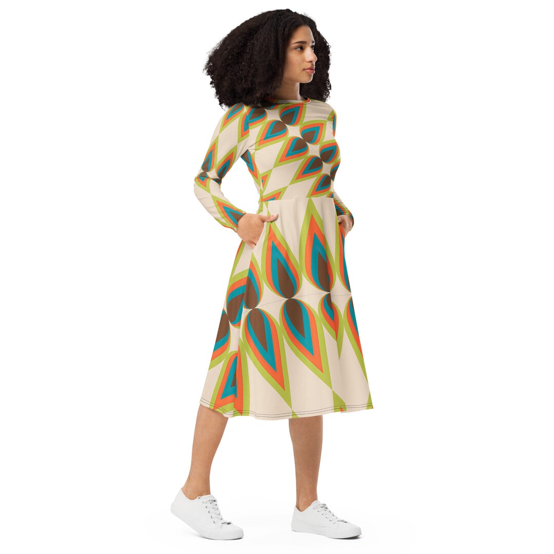 50s Mid Mod Retro Atomic Diamond Teardrop Print Long Sleeve Midi Dress ...