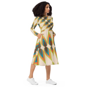 50s Mid Mod Retro Atomic Diamond Teardrop Print Long Sleeve Midi Dress ...