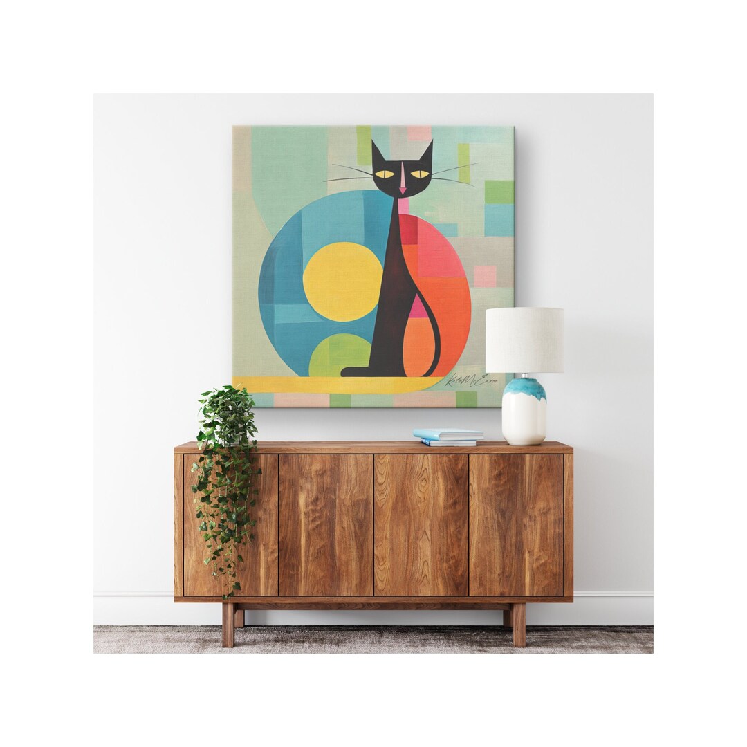 Atomic Cat Retro Abstract Canvas Wall Art, Abstract Cat Art, Cat Lover ...