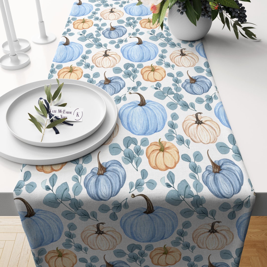 Fall Table Runner, Blue Pumpkin Table Decor, Autumn Table Linen ...
