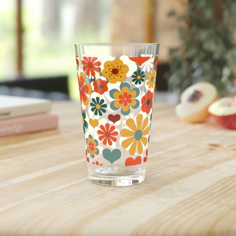 70s Flower Power Pint Glass, 16oz Mid Mod Groovy Hippie Beer Glass ...