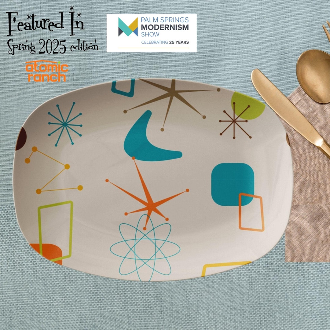 50s Retro Mid Mod Geometric Serving Platter, Retro Beige, Orange, Teal ...