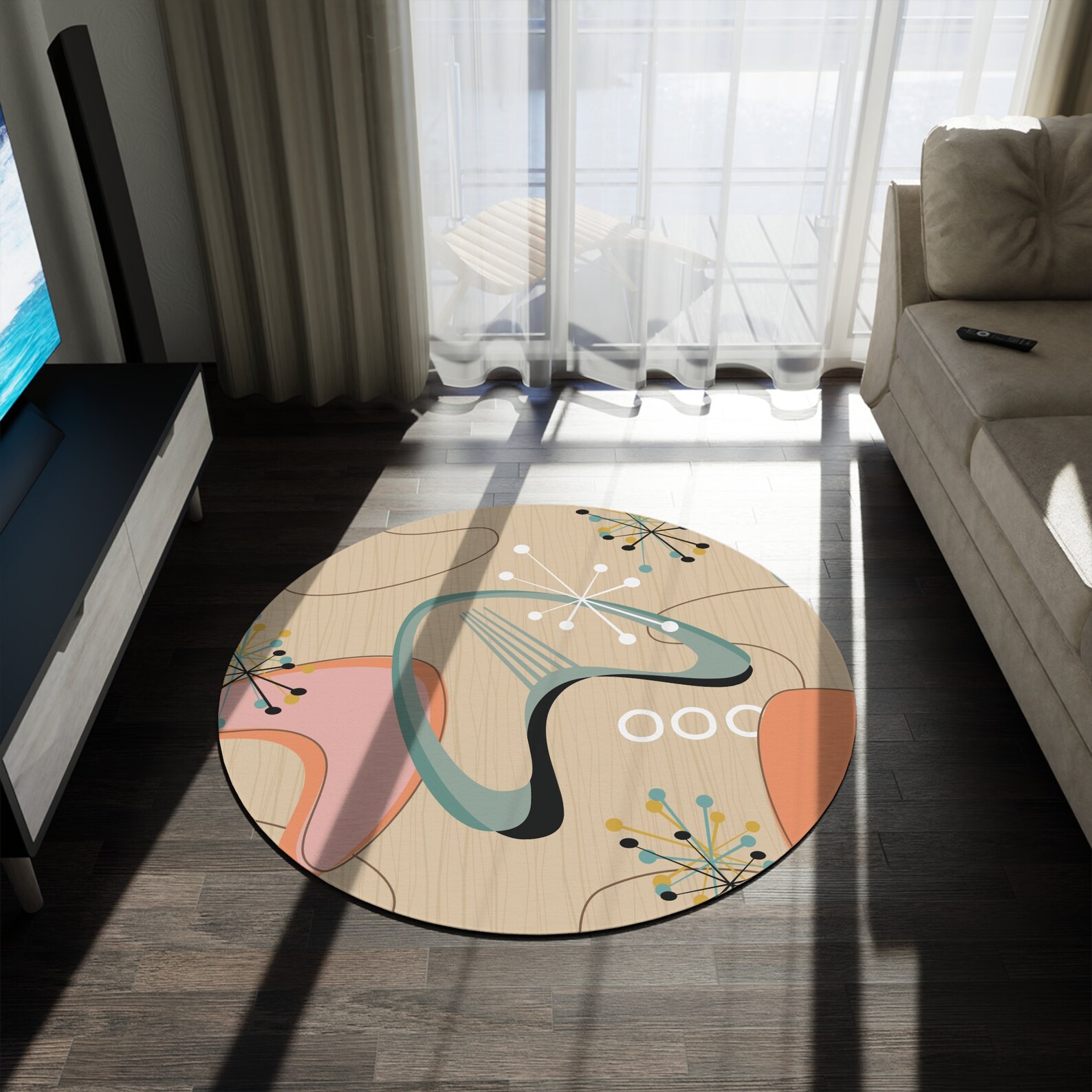 Mid-century Modern Round Rug, Retro Abstract Design Area Rug, MCM Teal ...