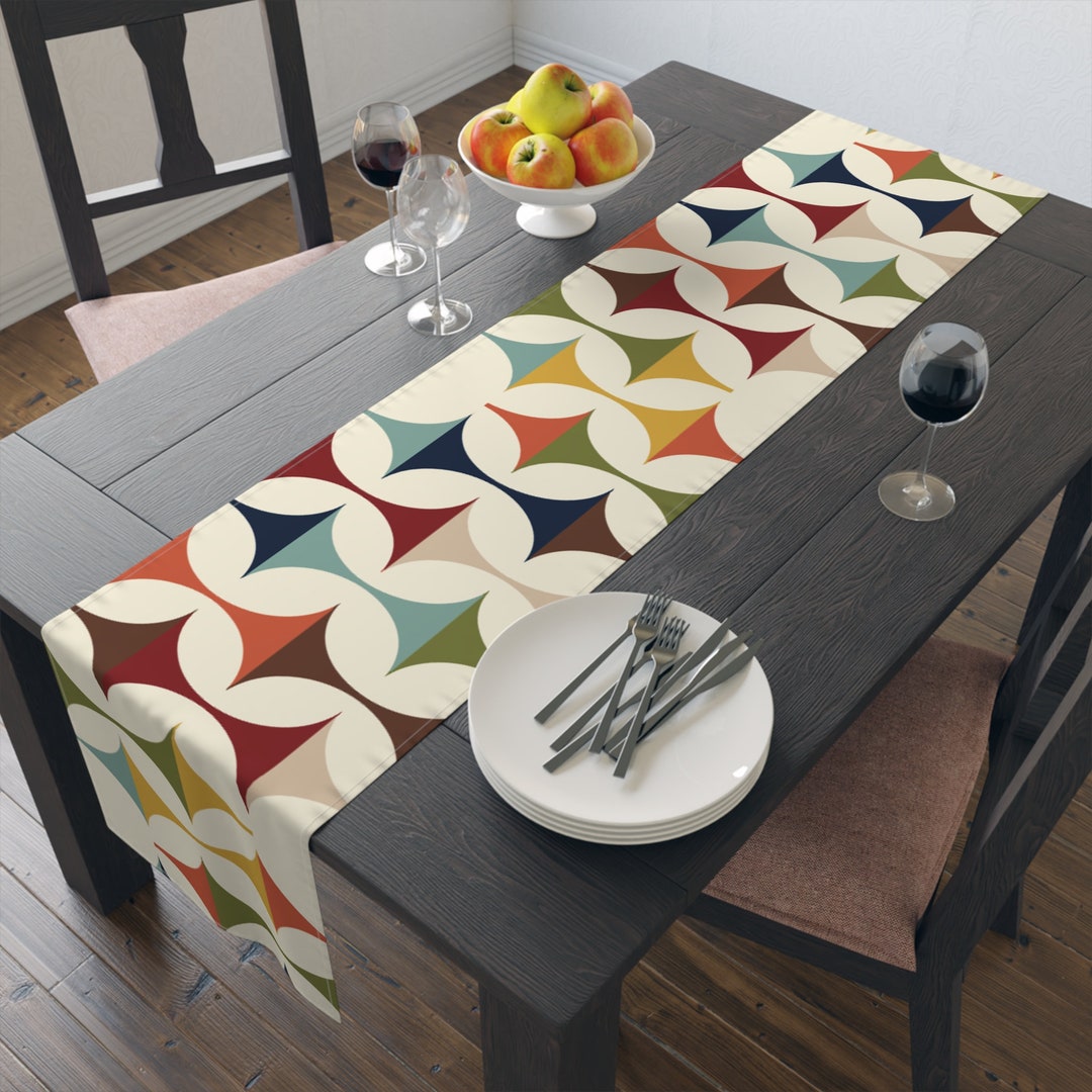 Mid Century Modern Geometric Table Runner, 60s Retro MCM Cream, Teal ...