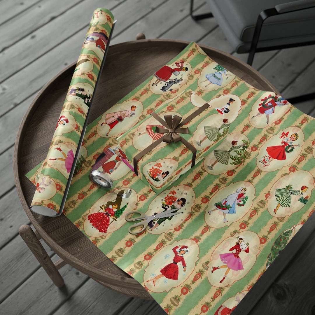 Vintage 1950s Christmas Wrapping Paper, Mid Century Modern Retro Green ...
