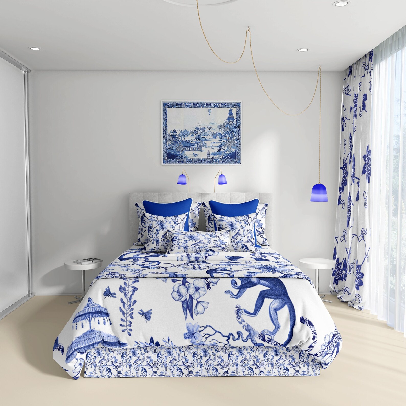 Chinoiserie Comforter, Botanical Toile Bedding Collection, Floral Blue ...
