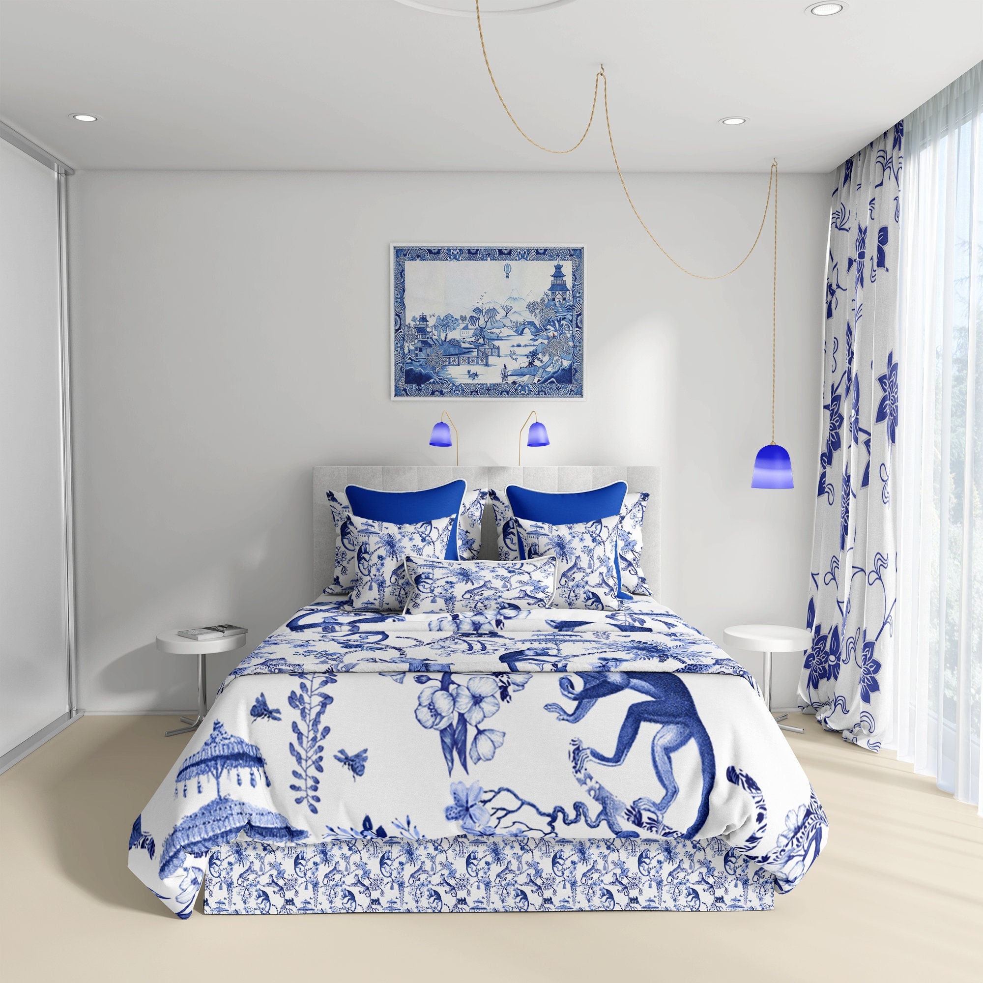 Chinoiserie Comforter, Botanical Toile Bedding Collection, Floral Blue ...