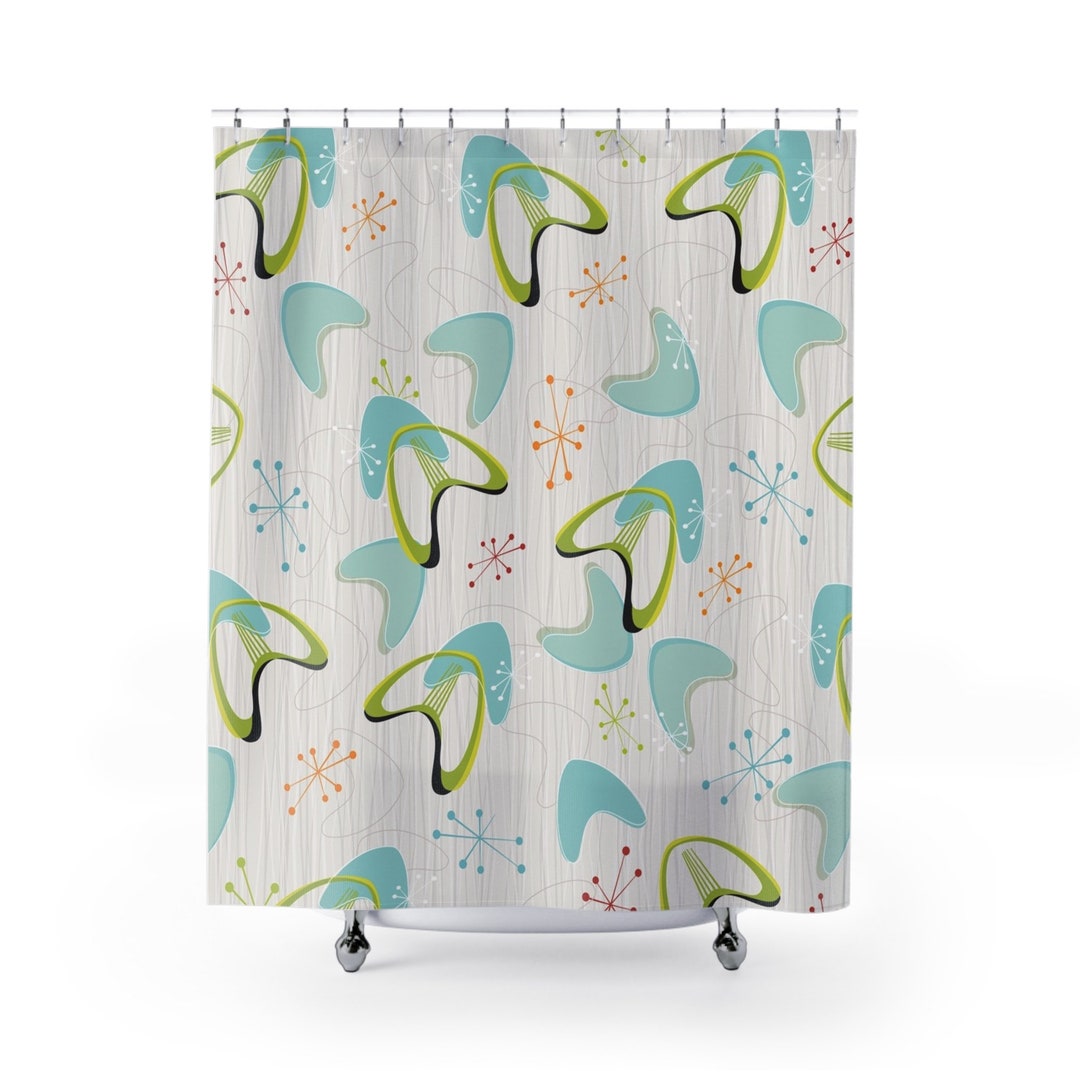 Mid Century Modern Boomerang Shower Curtain Retro Aqua Blue Etsy