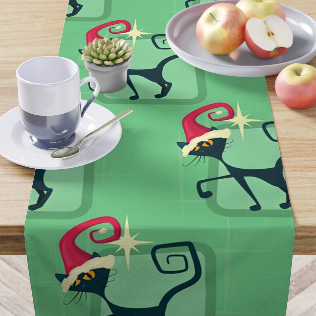 Atomic Cat Table Runner, Retro Christmas Mid Century Modern Table ...