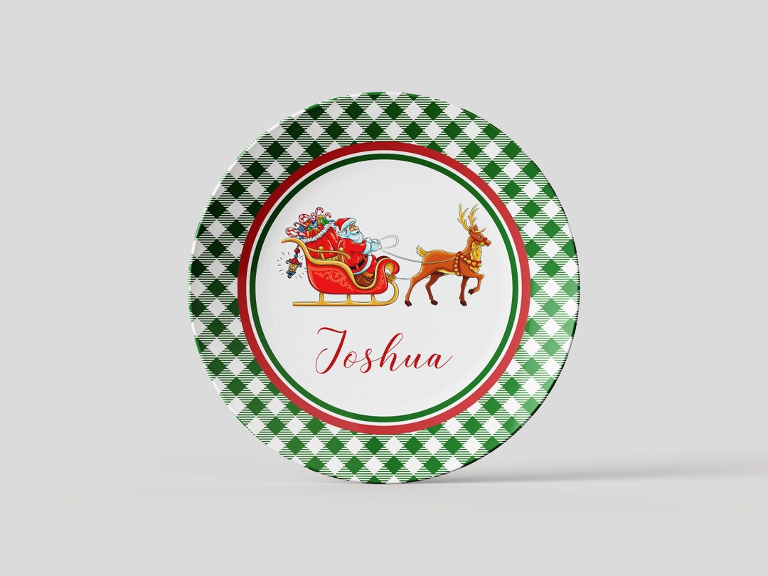 Personalized Santa Sleigh & Rudolph Green Gingham Plate, Kids Holiday ...