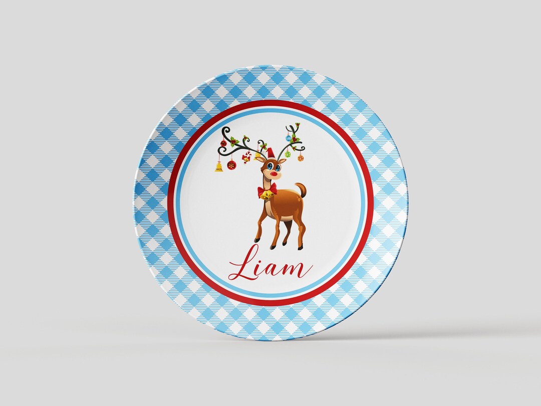 Personalized Rudolph Red Nose Reindeer Blue Gingham Plate, Kids Holiday ...