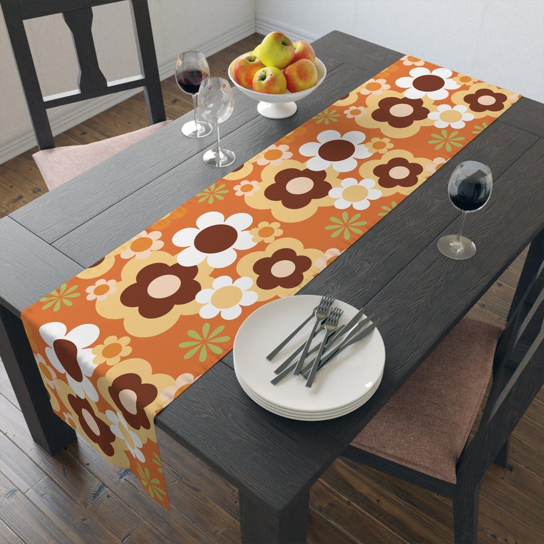 70s Flower Power Table Runner - Retro Orange Green Brown Dining Decor ...