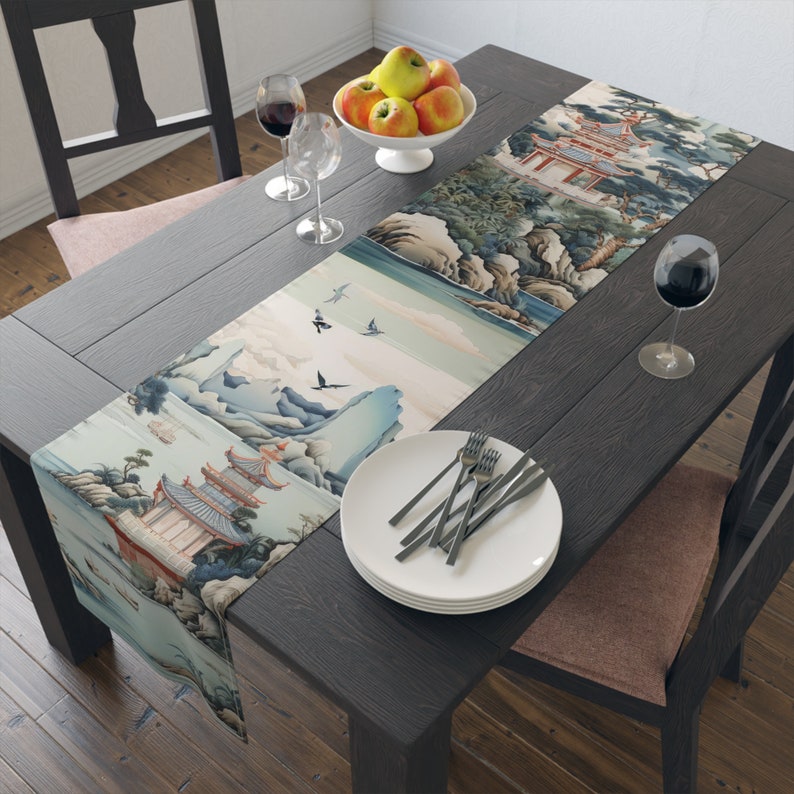 Chinoiserie Pagoda Landscape Floral Table Runner, Country Chic ...