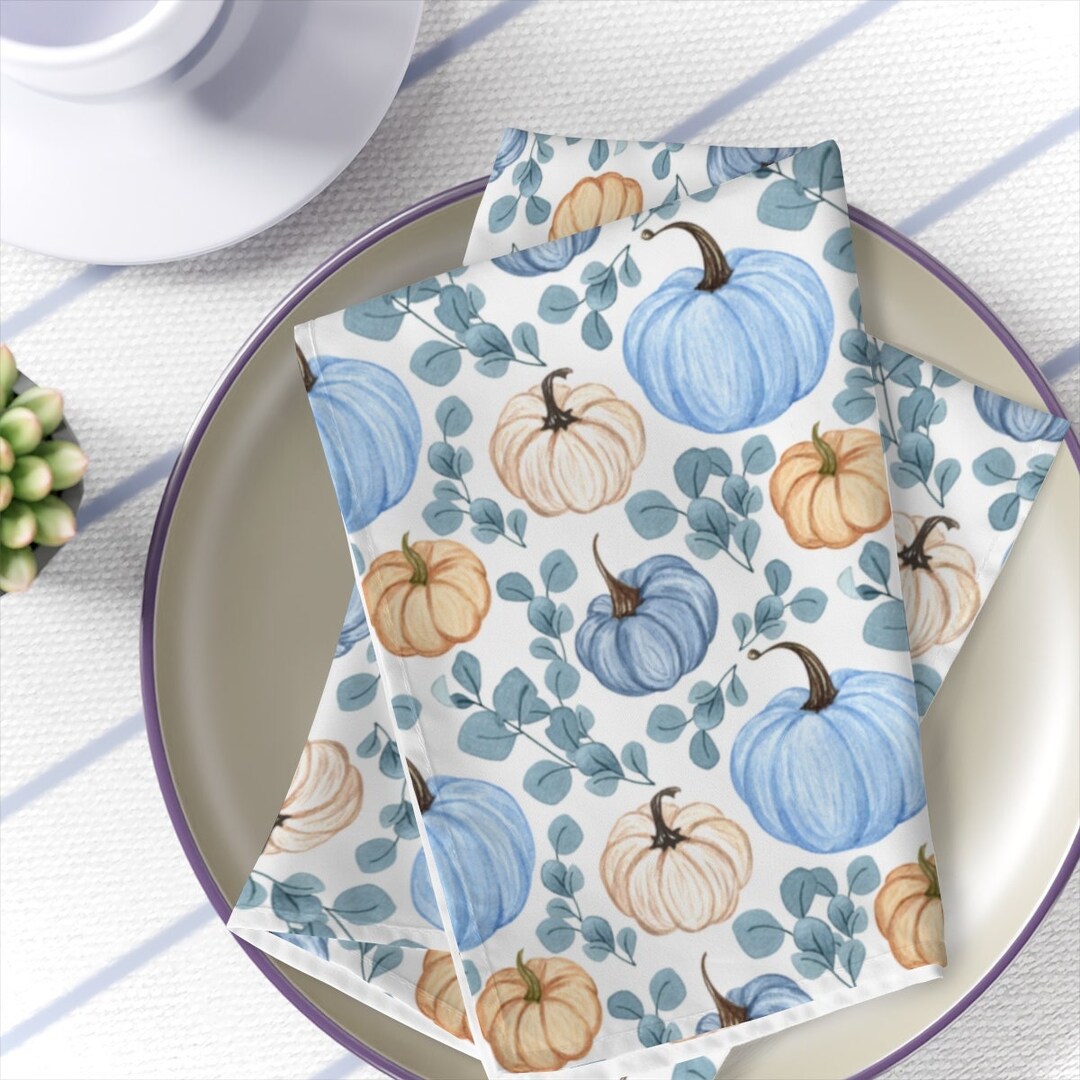 Fall Napkins, Blue Pumpkin Floral Set of 4 Napkins, Autumn Farmhouse ...