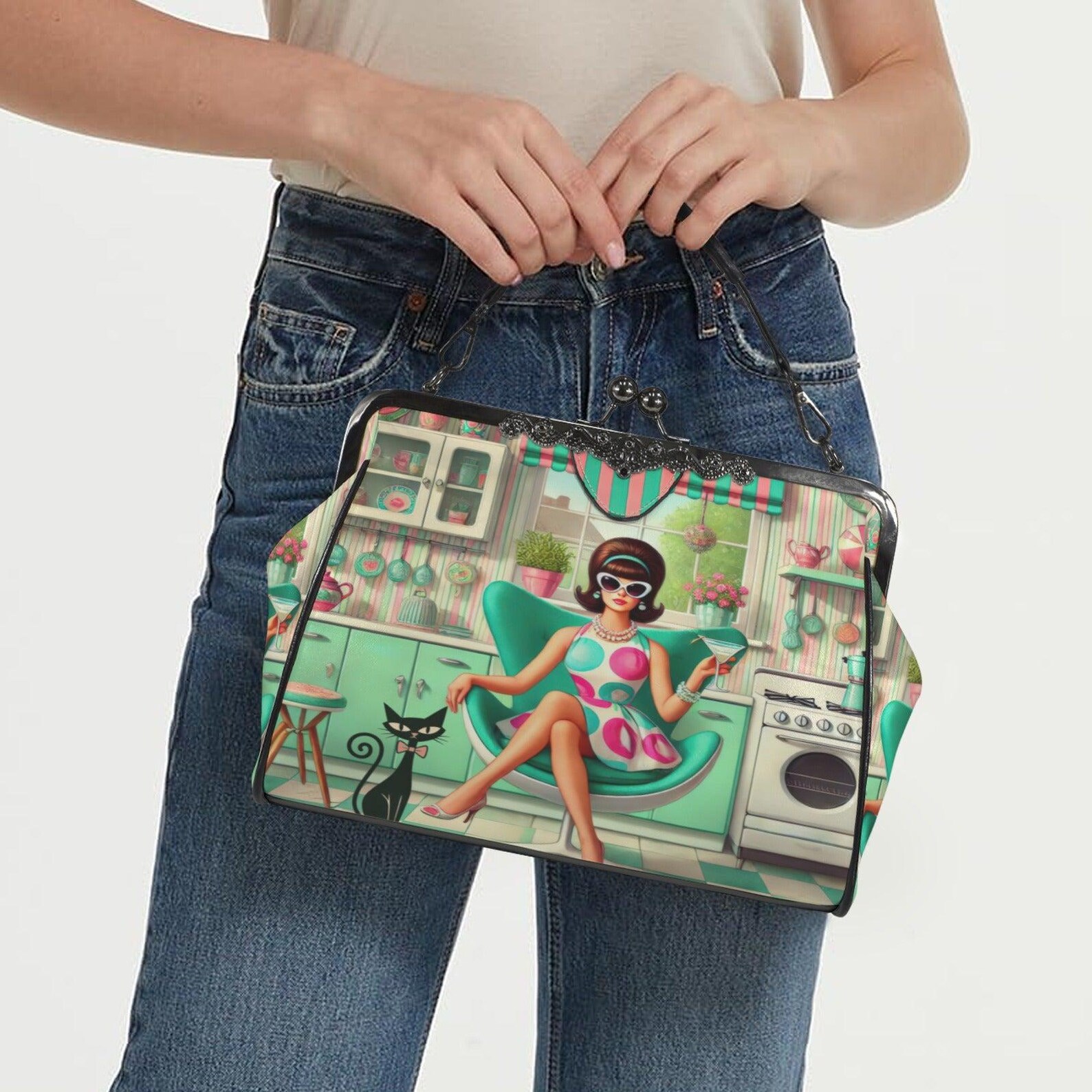Groovy Vintage 60s Kitsch Kisslock Purse, Atomic Cat Mod Girl Cocktail ...