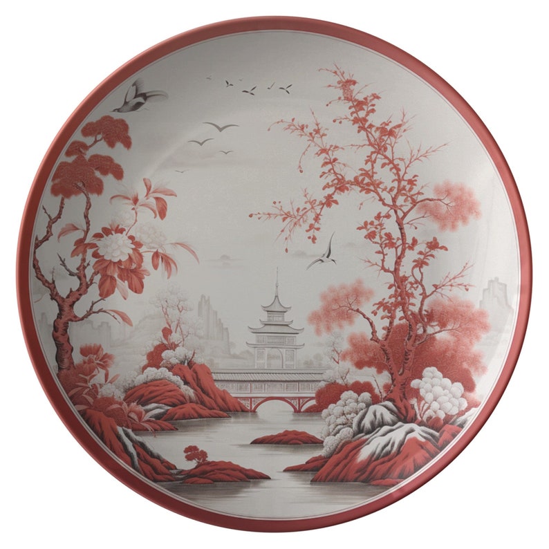 Chinoiserie Red Blossom Pagoda Landscape Dinner Plates, Vintage ...
