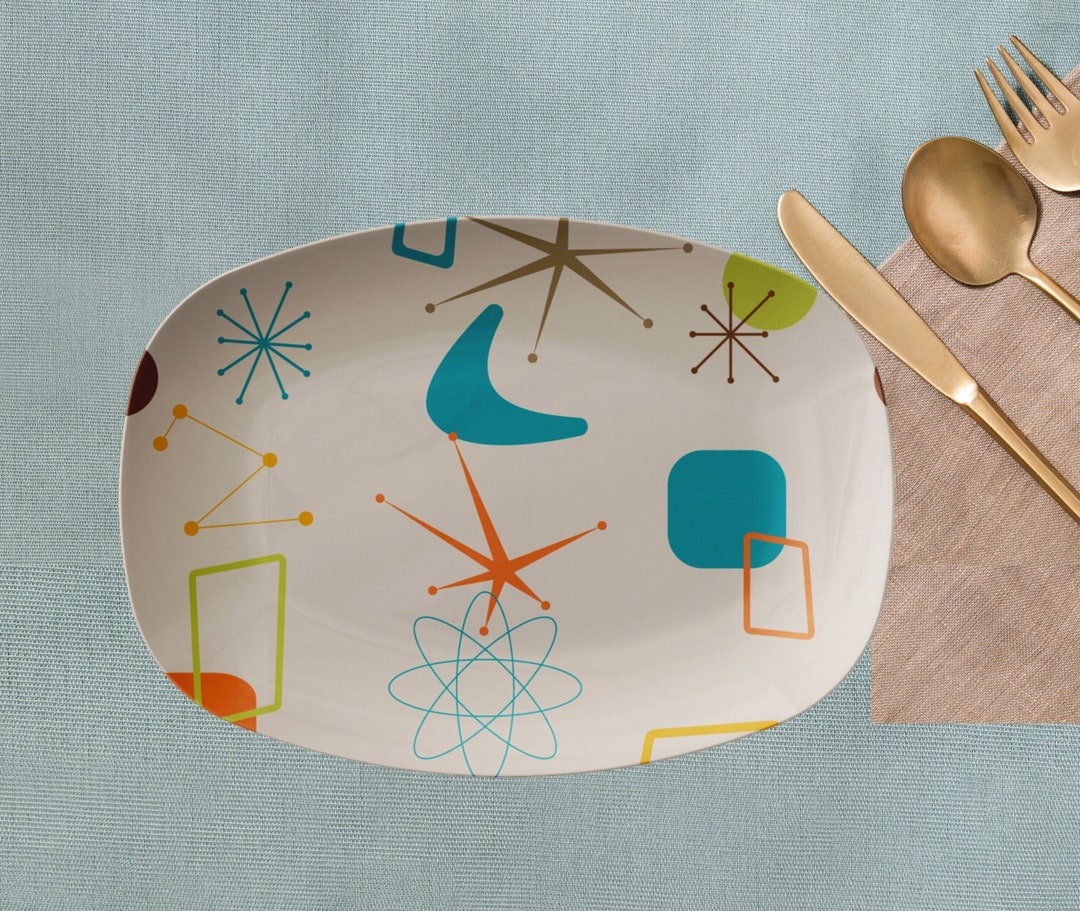 50s Retro Mid Mod Geometric Serving Platter, Retro Beige, Orange, Teal ...