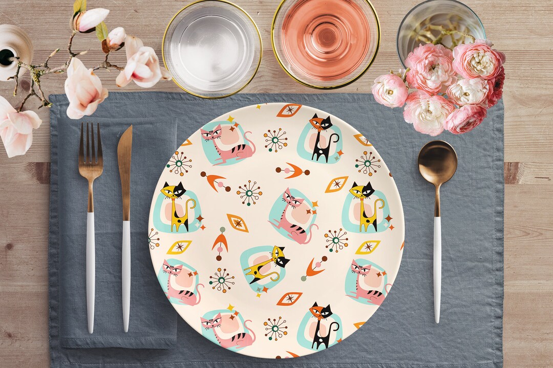 Atomic Cat 50s Retro Vintage Style Diamond Starburst Pattern Dinner ...