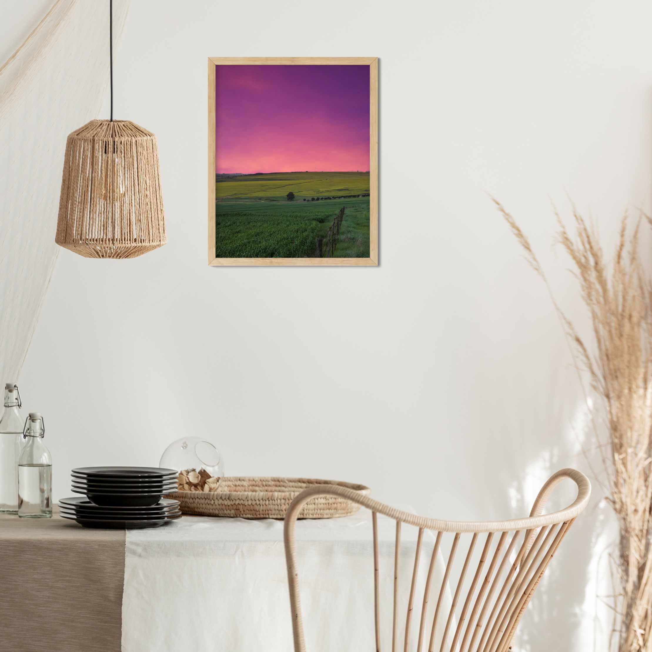 Landscape Photography Print of Green Farmland With Purple & Orange Sky ...