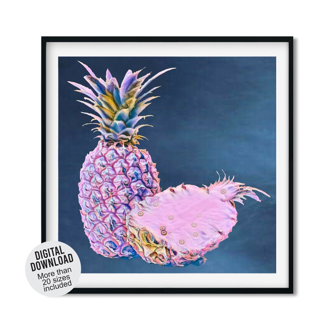 Tropical Pink Pineapple on Dark Blue Printable Wall Art, Summer Fruit ...