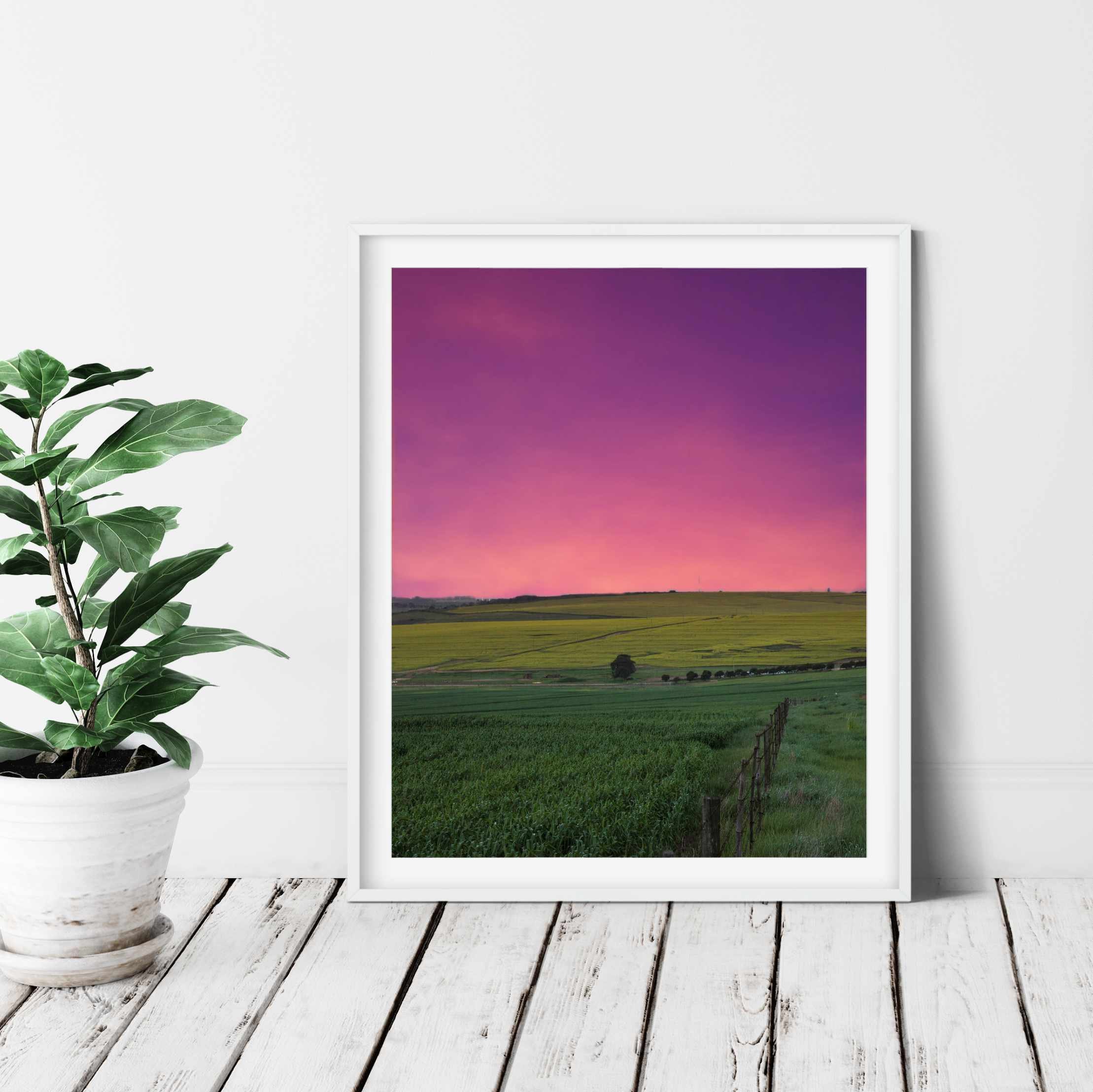 Landscape Photography Print of Green Farmland With Purple & Orange Sky ...