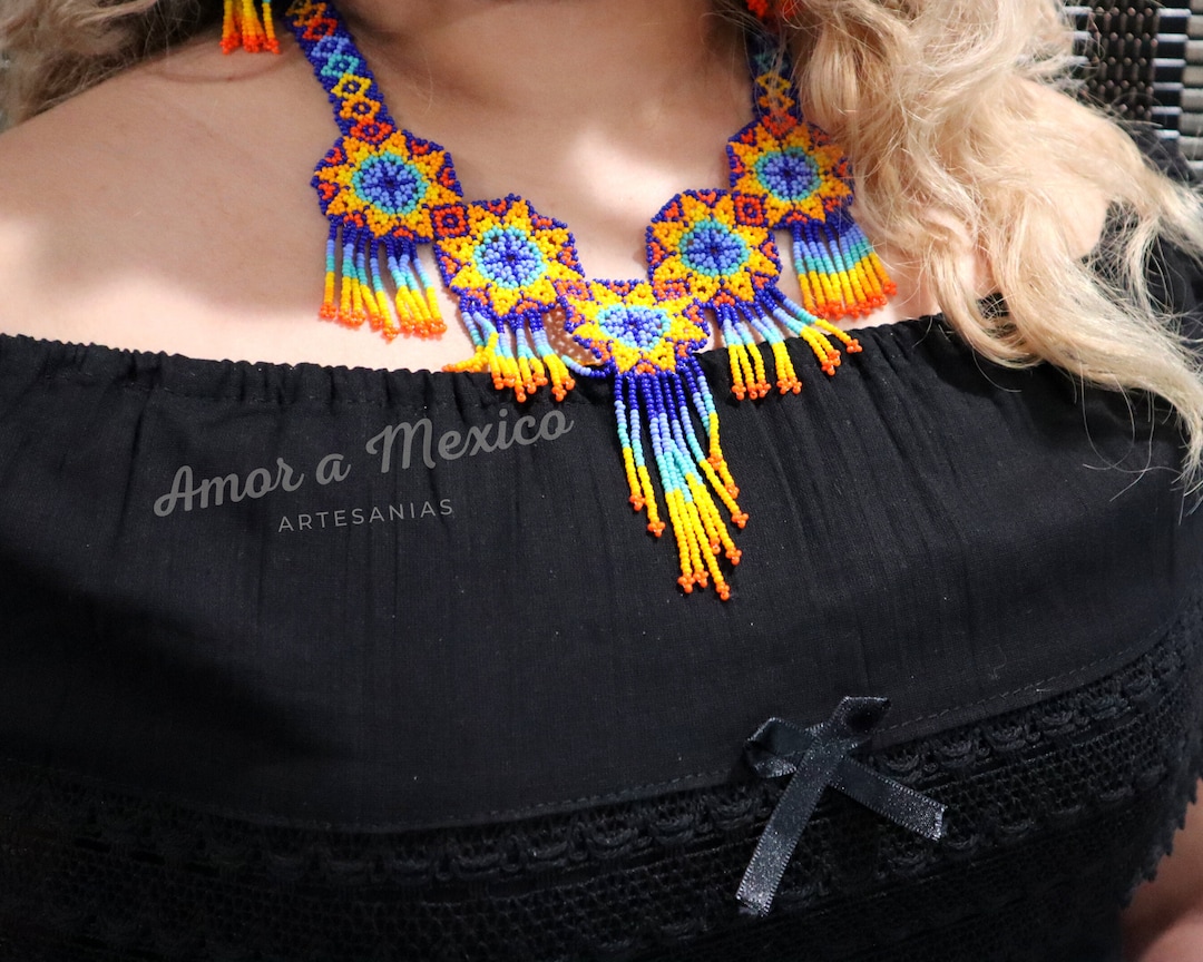 Huichol Necklace, Mexican Necklace, Beaded Necklace Set, Mexican ...
