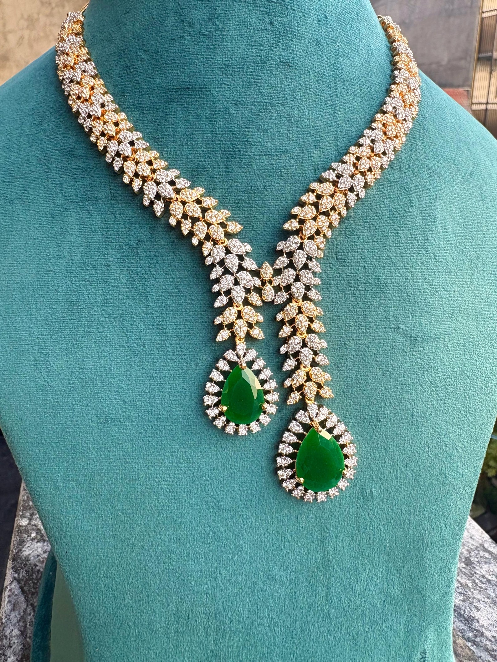 TVISHA Real Diamond Look Gold Silver Finish Green Colour American ...