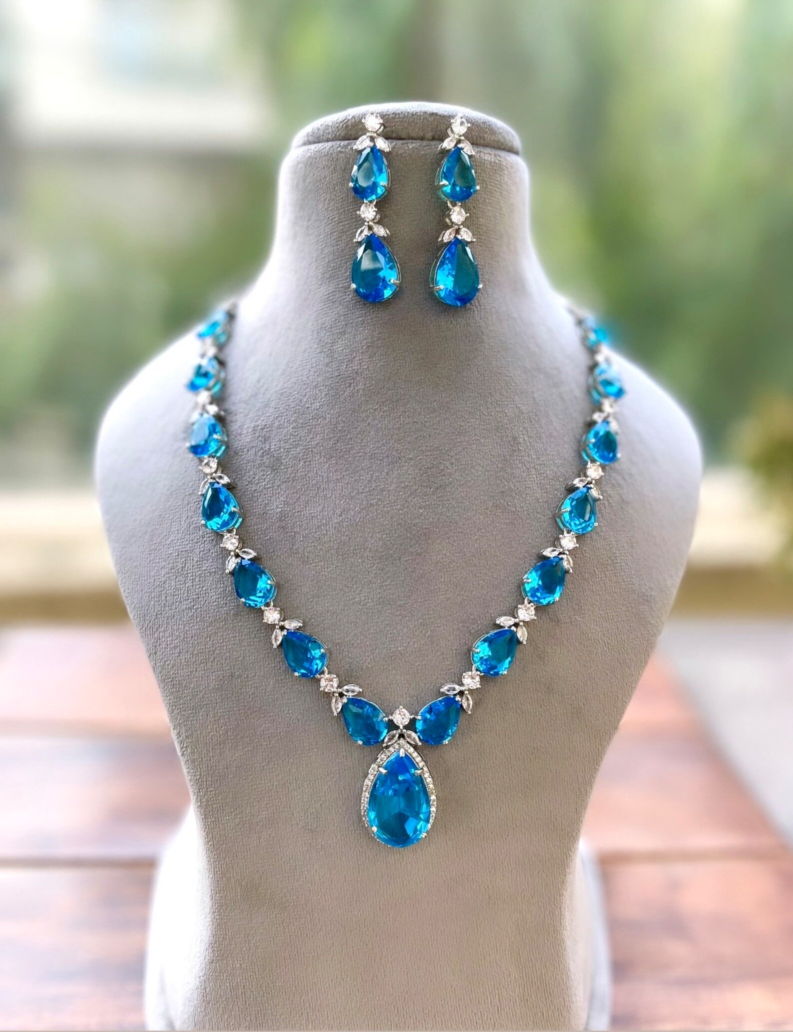 Aqua Blue American Diamond Pendant Set ,classy Cz Zircon Jewelry,prom ...