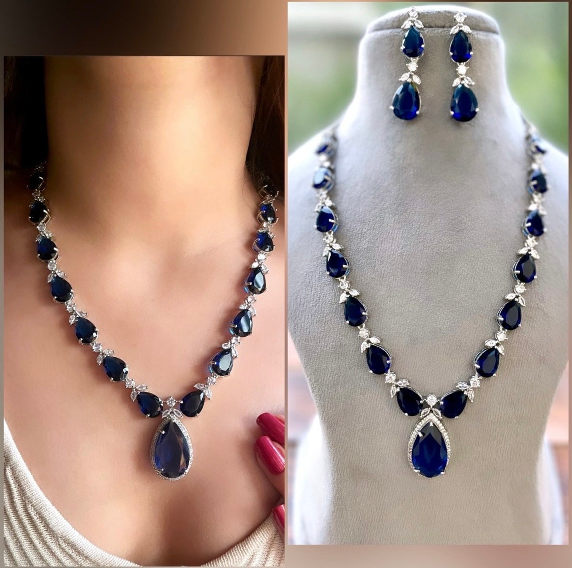 Aqua Blue American Diamond Pendant Set ,classy Cz Zircon Jewelry,prom ...