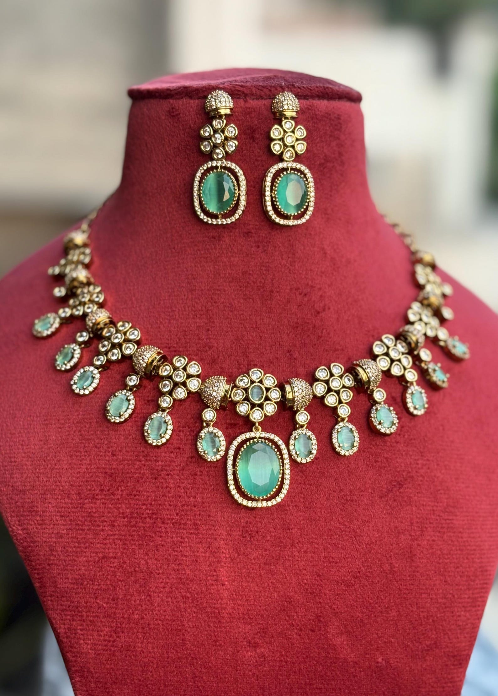 RIMAYA Sabyasachi Inspired Mint Green Colour Kundan and Zircon Sleek ...