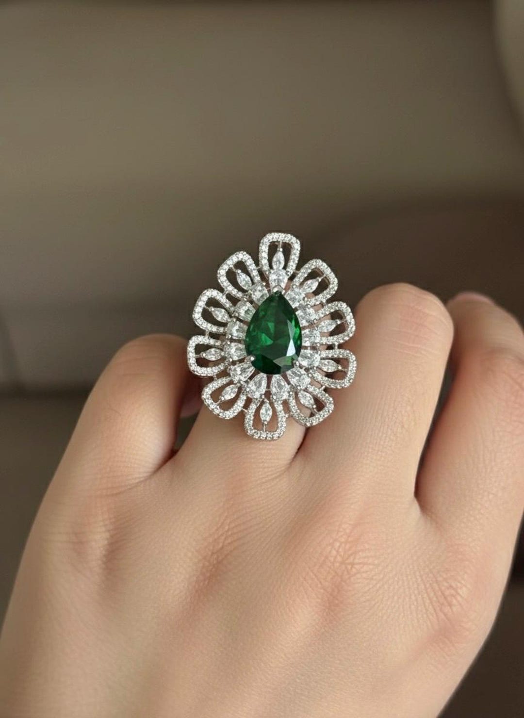 AMY Emerald Green Cocktail Ring ,adjustable American Diamond Ring ,high ...