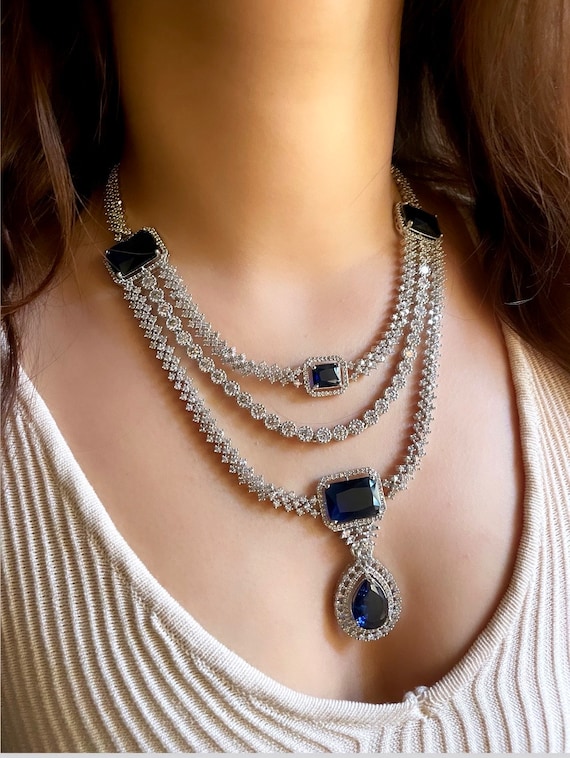 LEILA Multilayer Sapphire Blue Necklace Earrings Statement American Diamond Indian Jewelry Pakistani Wedding Jewellery Cz Zircon prom Etsy