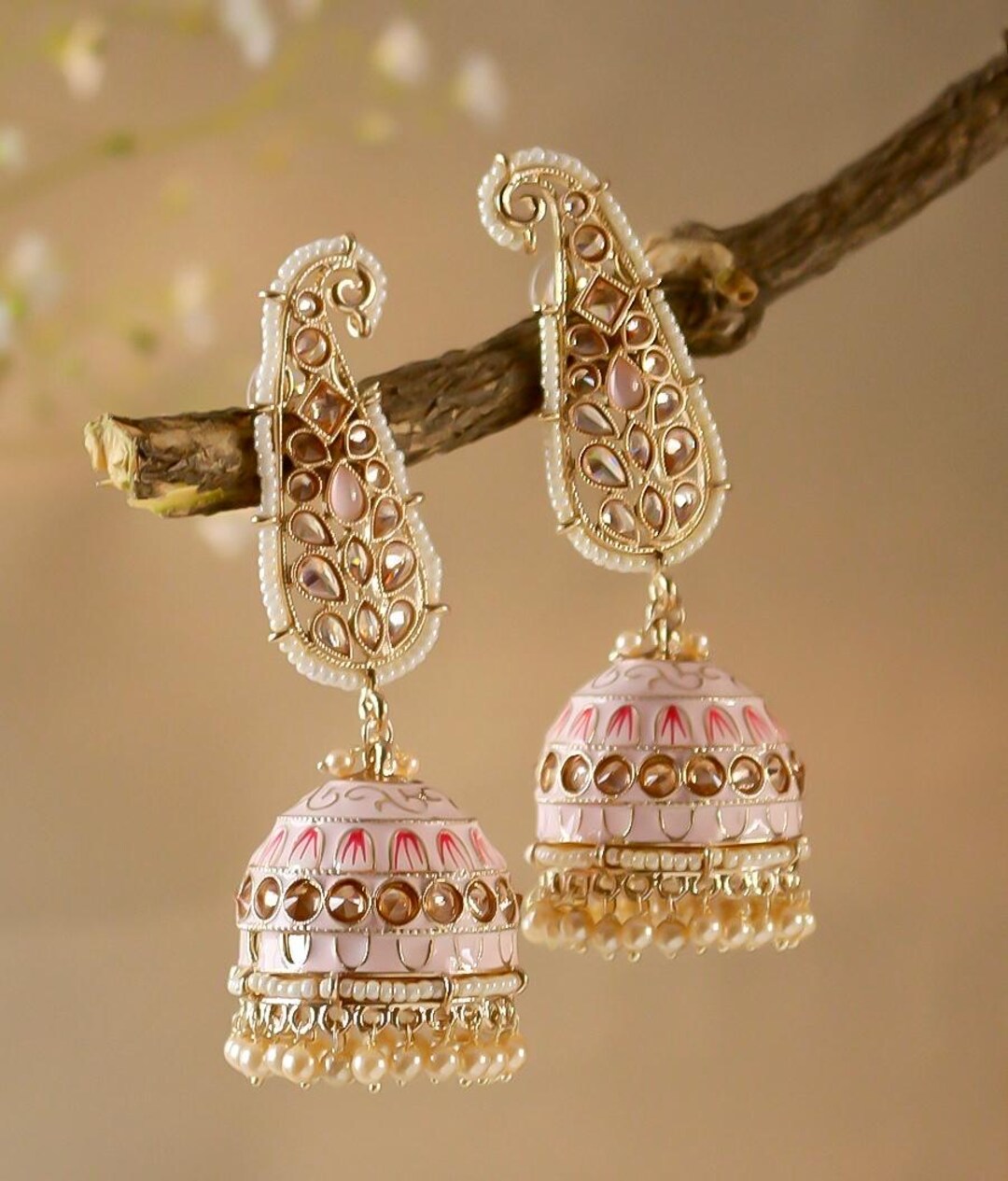 ELOISE Pastel Pink Meenakari Ambi Design Ethnic Earrings / Bollywood ...