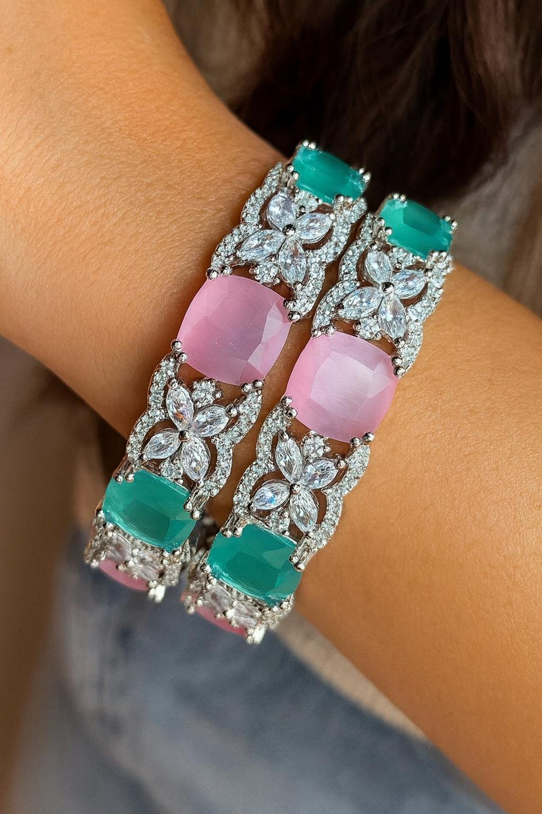 KRITI American Diamond Bangle Set in Mint Pink Stones, AD Bangle Set,cz ...