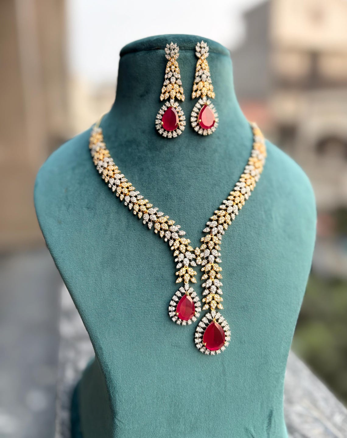 TVISHA Real Diamond Look Gold Silver Finish Green Colour American ...