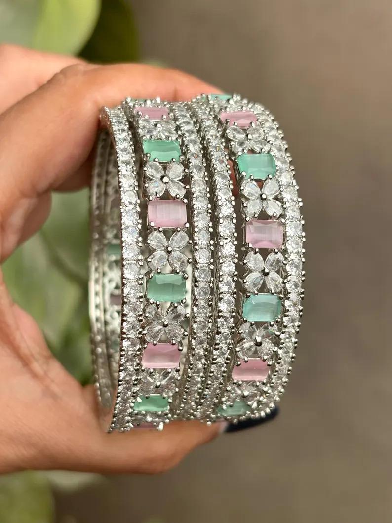 SIMI American Diamond Bangle Set in Mint Pink Stones, AD Bangle Set of ...