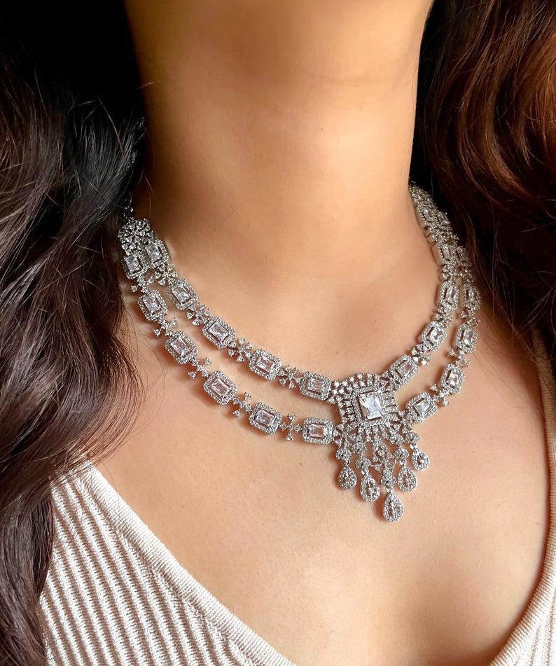 Delicate Emerald Green Necklace and Earrings Statement American Diamond ...