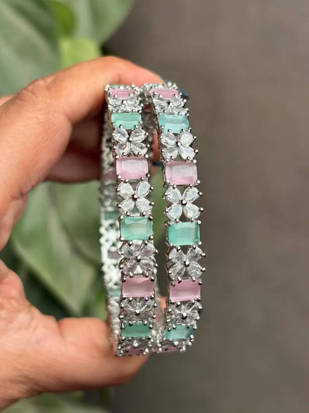 SIMI American Diamond Bangle Set in Mint Pink Stones - Etsy