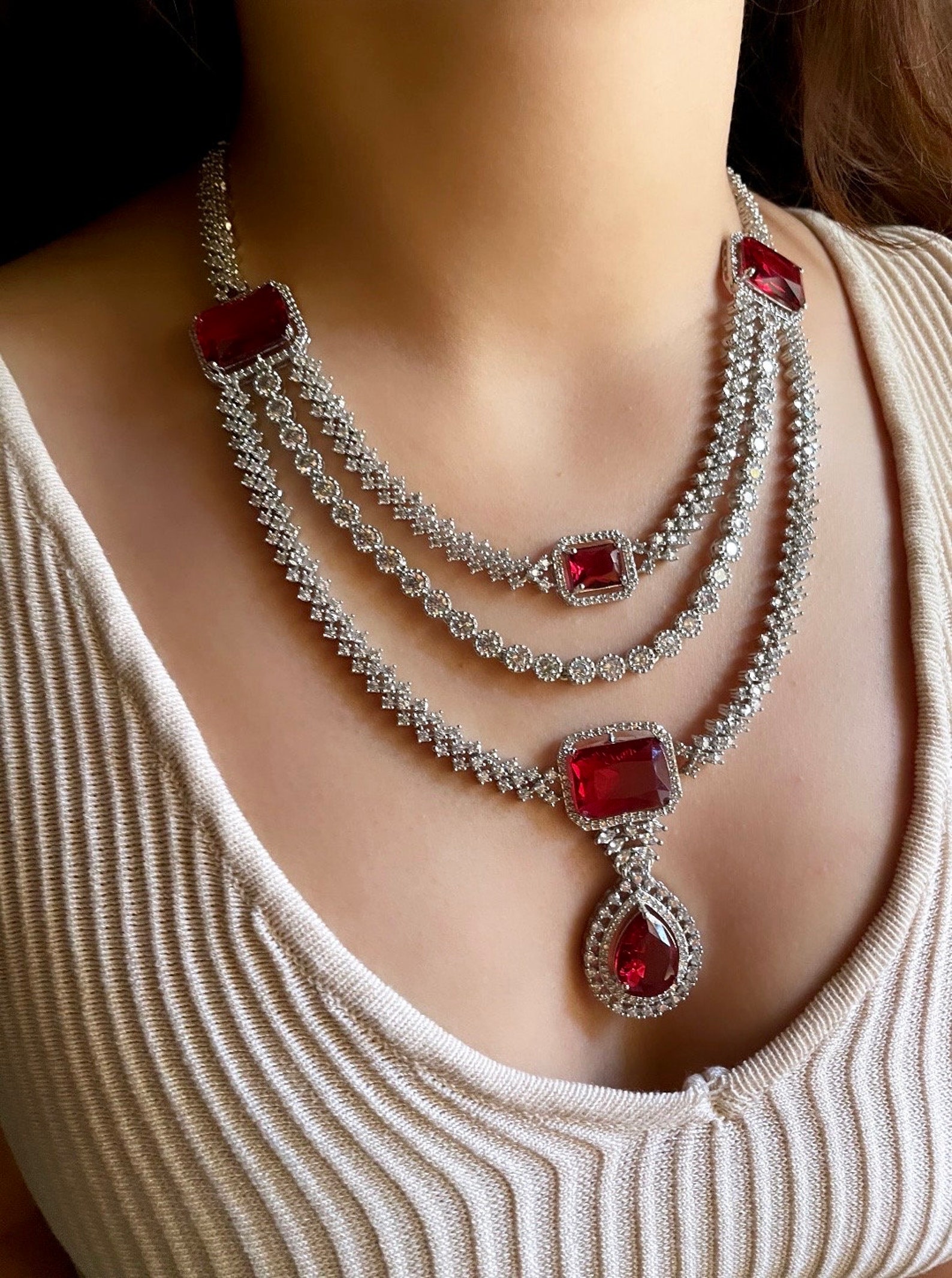 Multilayer Ruby Red Necklace Earrings Statement American Diamond ...