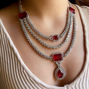 Multilayer Ruby Red Necklace Earrings Statement American Diamond ...