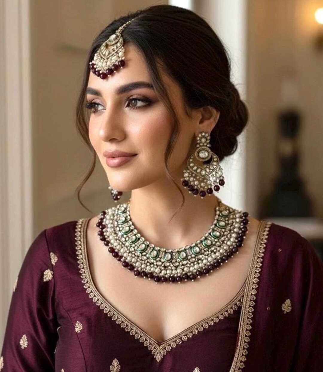 JESMINA Maroon Cz Kundan and Zircon Necklace Set, Maangtika Included ...