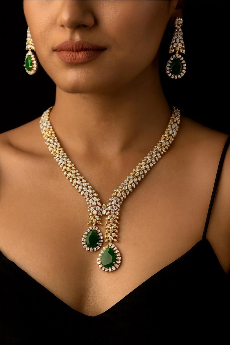 TVISHA Real Diamond Look Gold Silver Finish Green Colour American ...